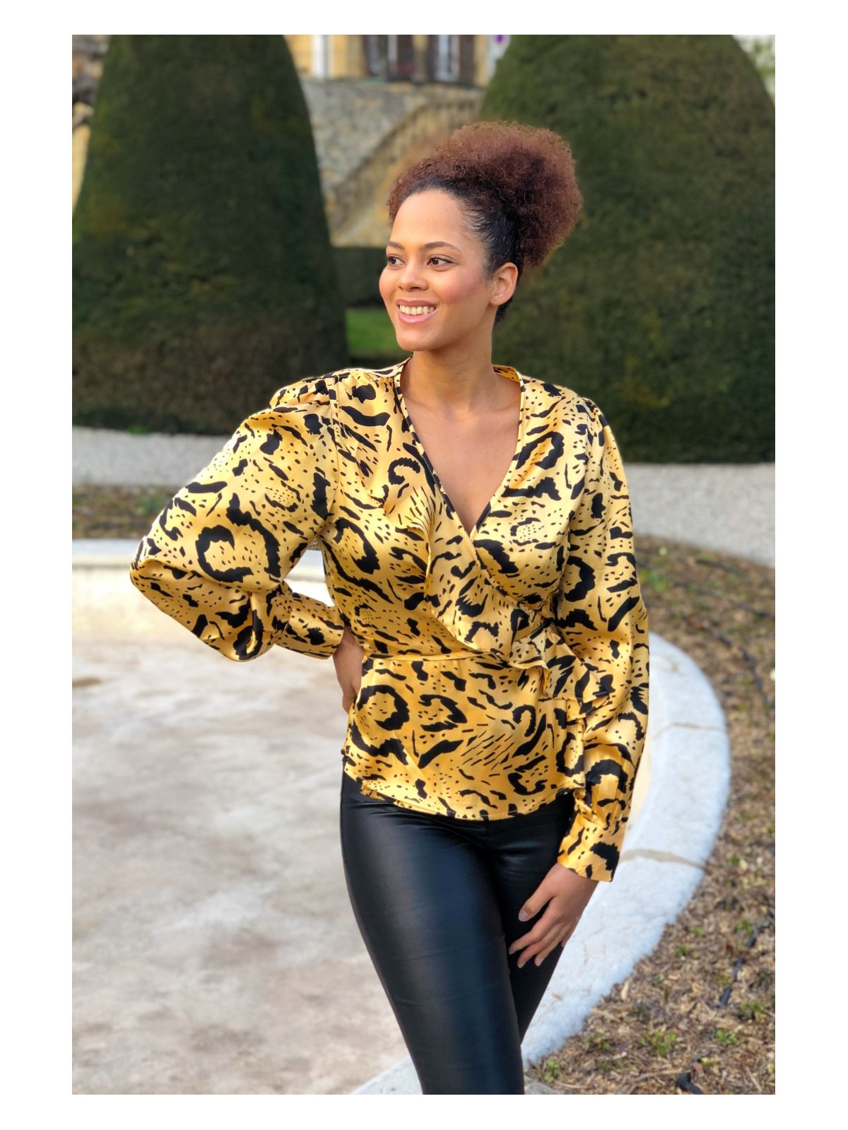 Blouse manches longues en satin, imprimé animal