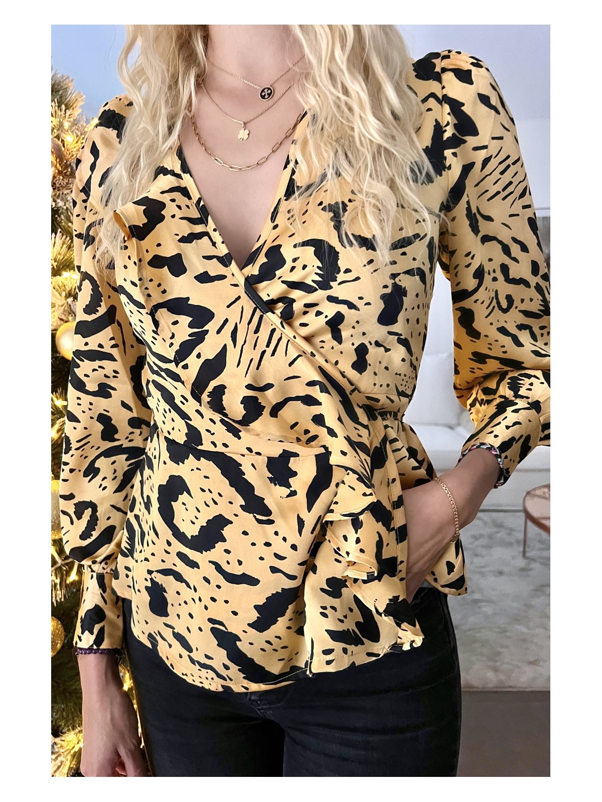 Blouse manches longues en satin, imprimé animal