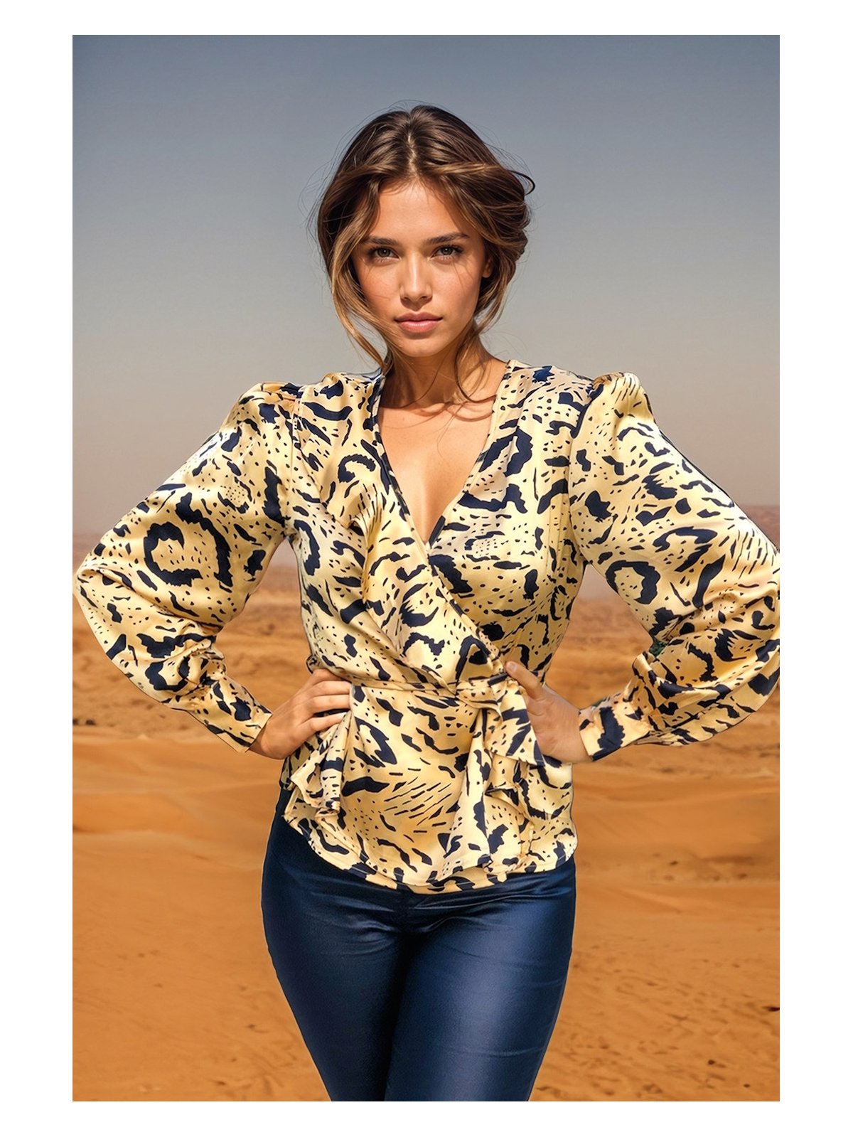 Blouse manches longues en satin, imprimé animal